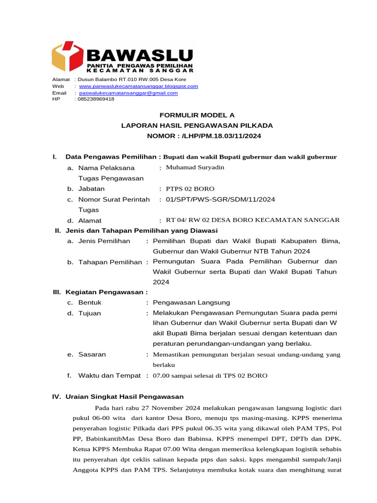 Format LHP Perhitungan Suara Pilkada 2024 (PTPS 02 Boro) | PDF