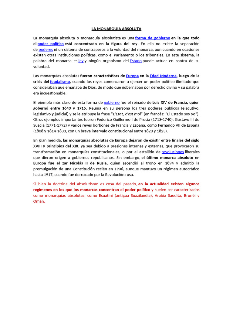 Monarquía Absoluta: Definición y Ejemplos | PDF