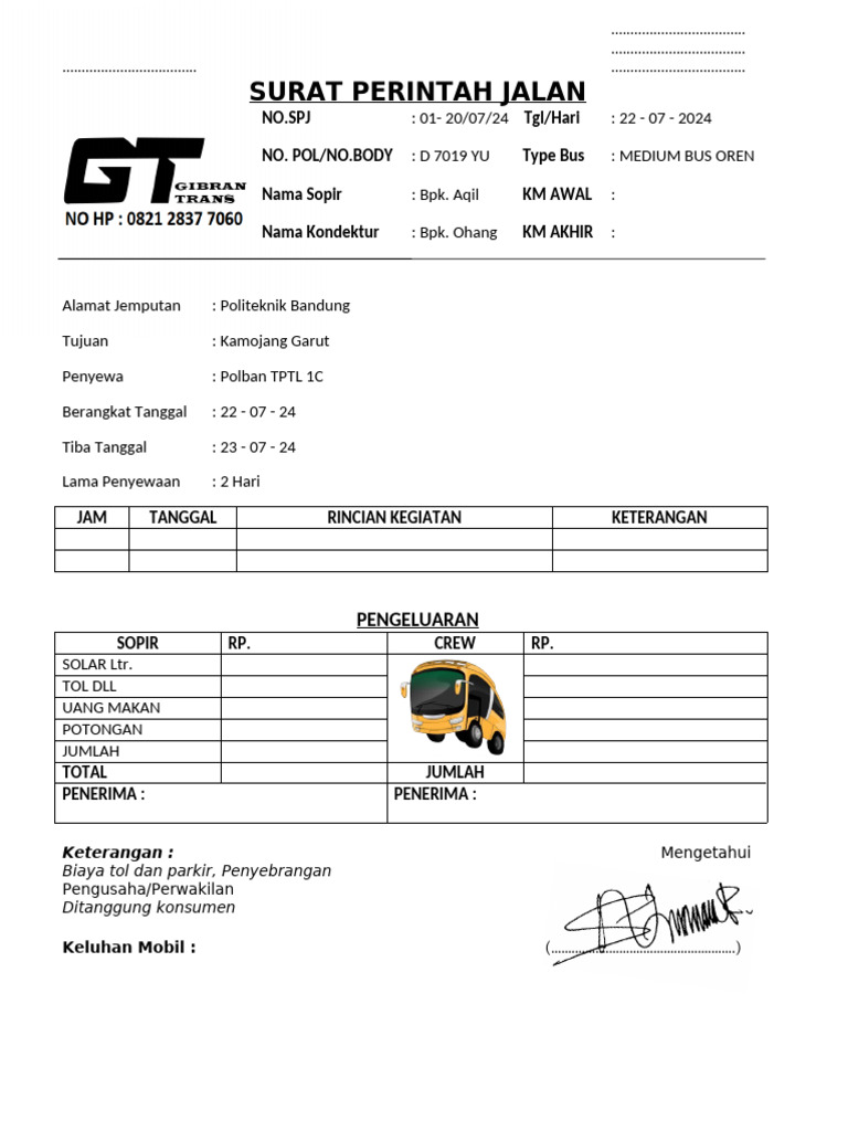 Surat Perintah Jalan Bus Gibrantrans | PDF