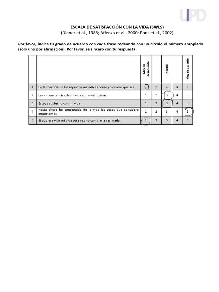Escala de SatisfacciÃ N Con La Vida (SWLS) | PDF