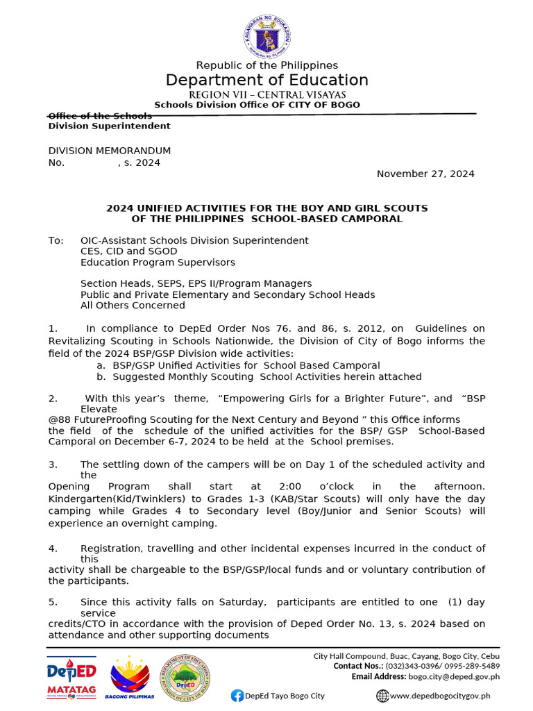 GSP-2024-ACTIVITIES | PDF | Camping | Menu