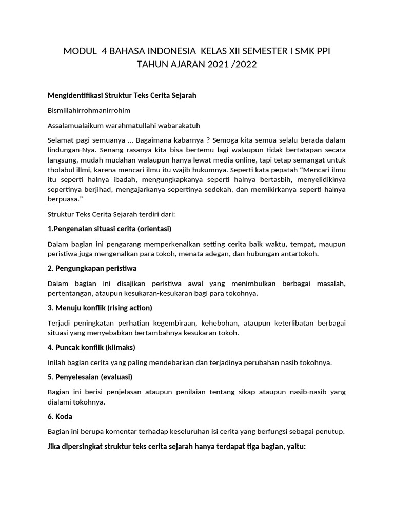 Modul 4 Bahasa Indonesia Kelas Xii Semester i Smk Ppi Tahun Ajaran 2021 | PDF