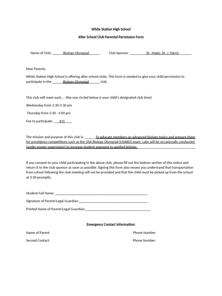 Club Parent Permission Slip | PDF