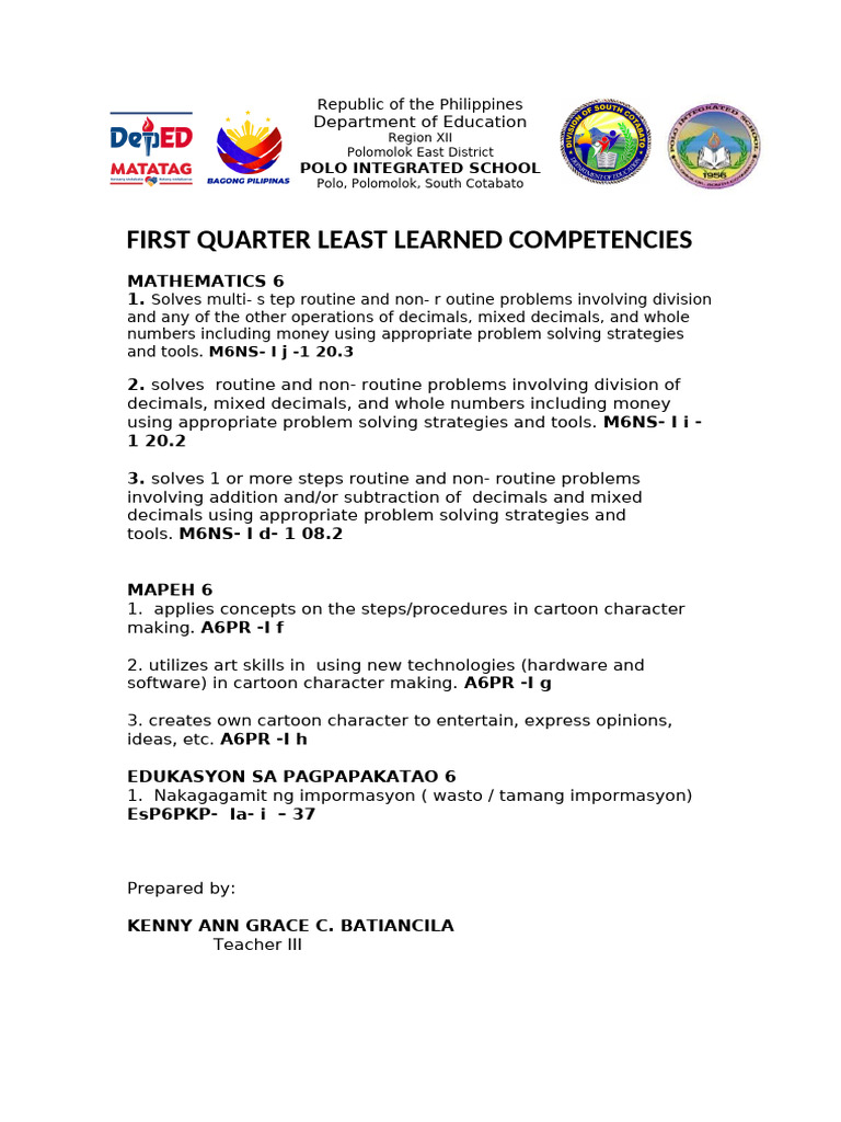 LEAST & MASTERED COMPETENCIES | PDF | Mathematics | Arithmetic