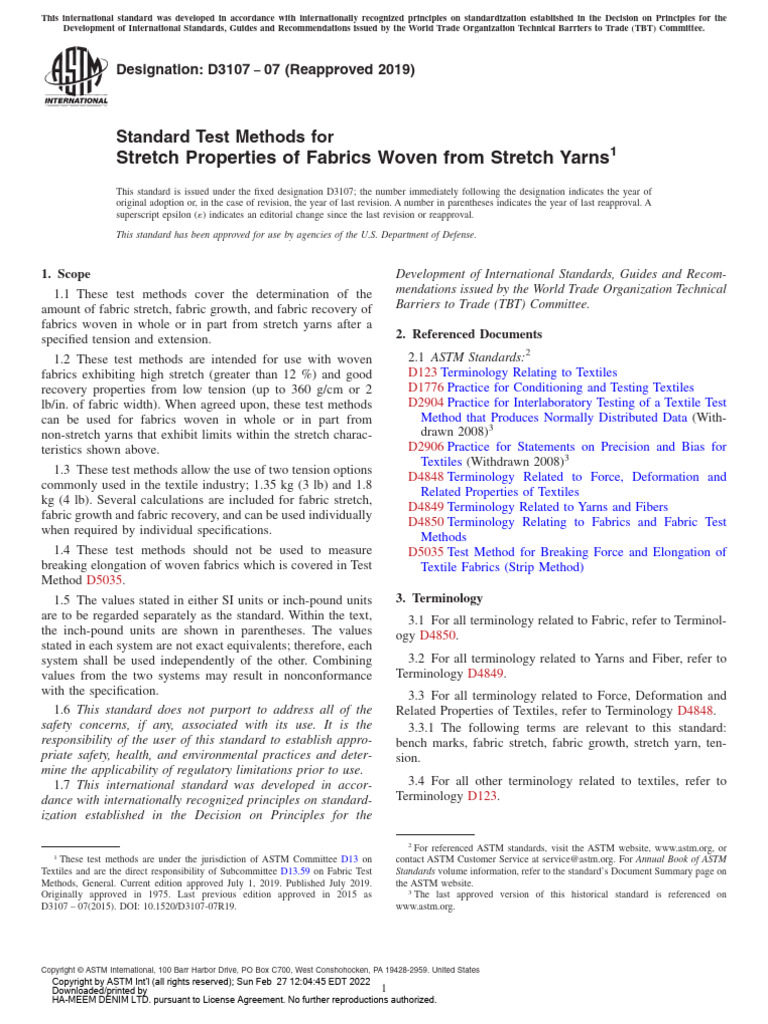 ASTM D 3107 Standard Test Methods For Stretch Properties of Fabrics ...