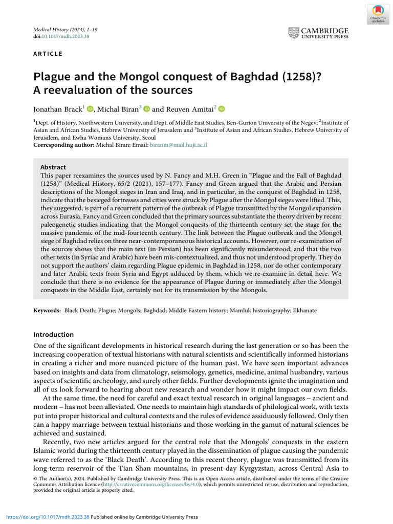 Plague and The Mongol Conquest of Baghdad 1258 A Reevaluation of The Sources | PDF | Black Death