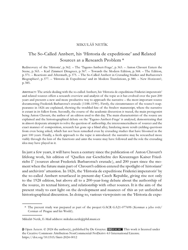 The So-Called Ansbert, His Historia de Expeditione' and Related Sources ...