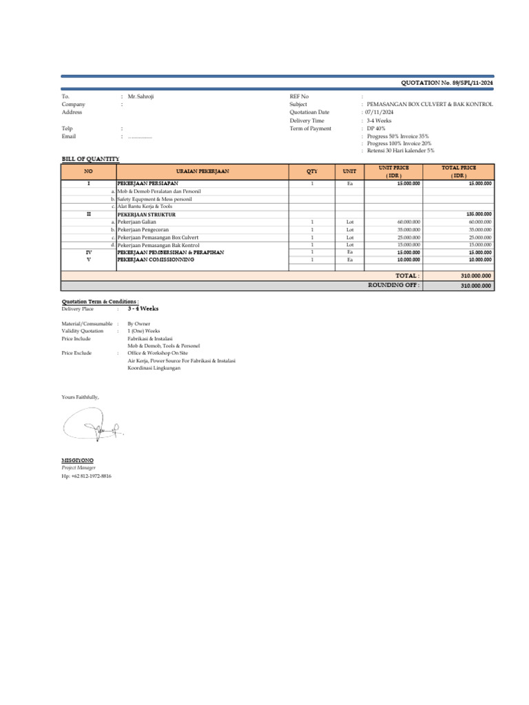 Quotation Box Culvert 1.20 X 1.20 X 1.00 Dan Manhole Ramp | PDF