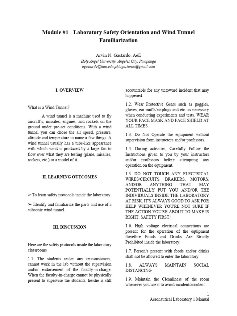 Aero Lab 1 Module 1 Laboratory Safety Orientation | PDF | Wind Tunnel | Aerodynamics