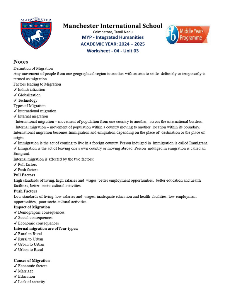 MYP3_Worksheet_04 | PDF | Human Migration | Immigration