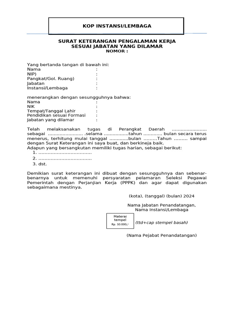 Format SURAT KETERANGAN PENGALAMAN KERJA SESUAI JABATAN YANG DILAMAR | PDF