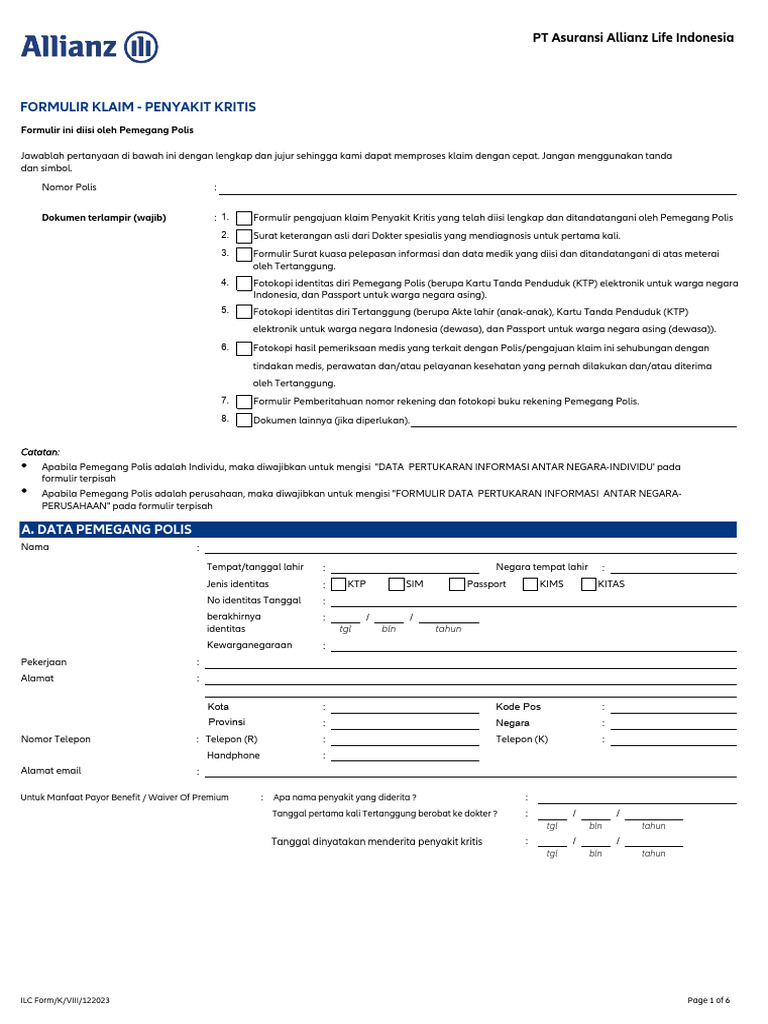 Formulir Klaim Penyakit Kritis Di Isi Oleh Pemegang Polis K | PDF