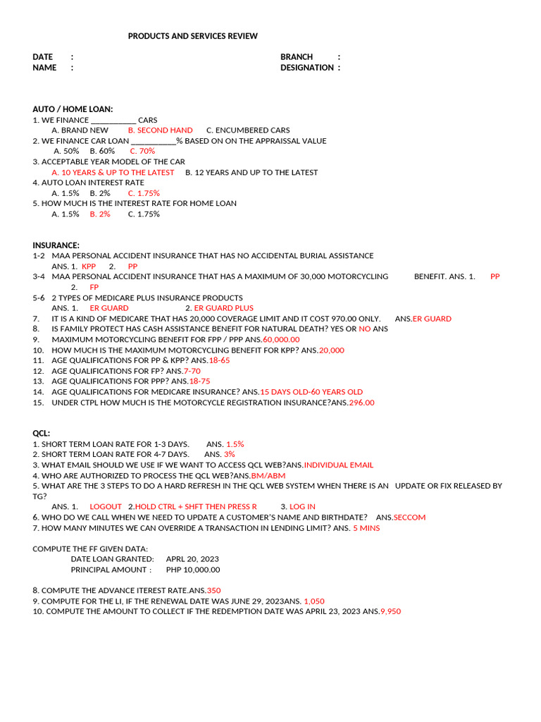 Products and Services Review | PDF | Insurance | Loans