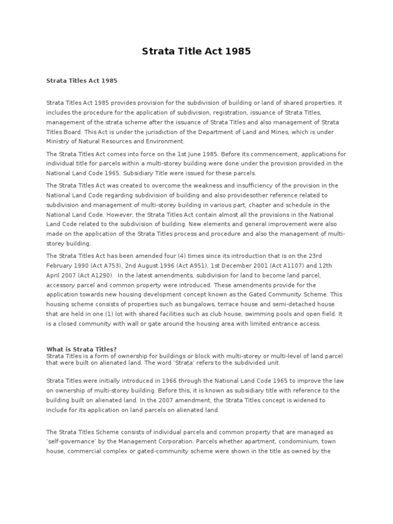 Strata Titles 1985 (Act 318) | PDF
