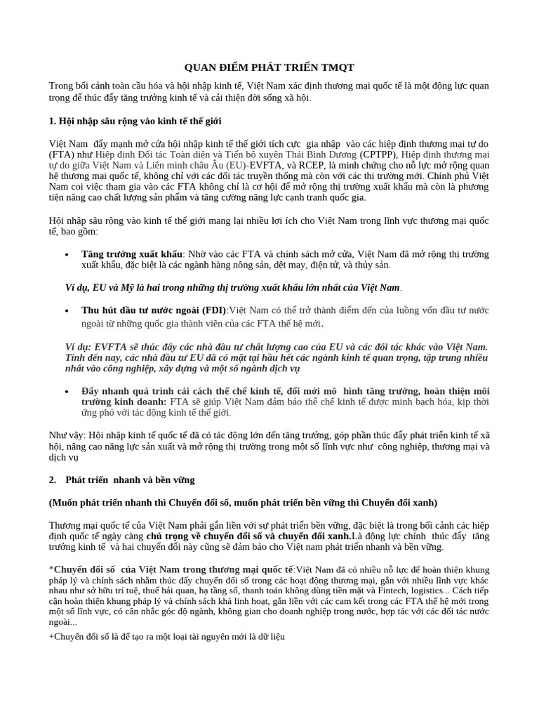 QUAN ĐIỂM PHÁT TRIỂN TMQT.docx.MÔN TMQT | PDF