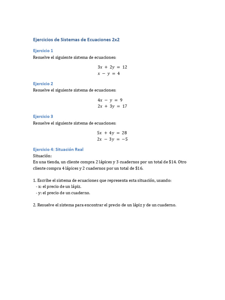 Ejercicios Resueltos de Ecuaciones 2x2 | PDF