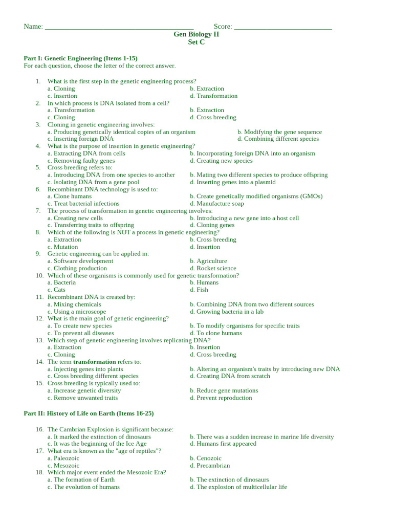 Gen Bio 2 Set 3 q1 Exam | PDF | Evolution | Molecular Cloning