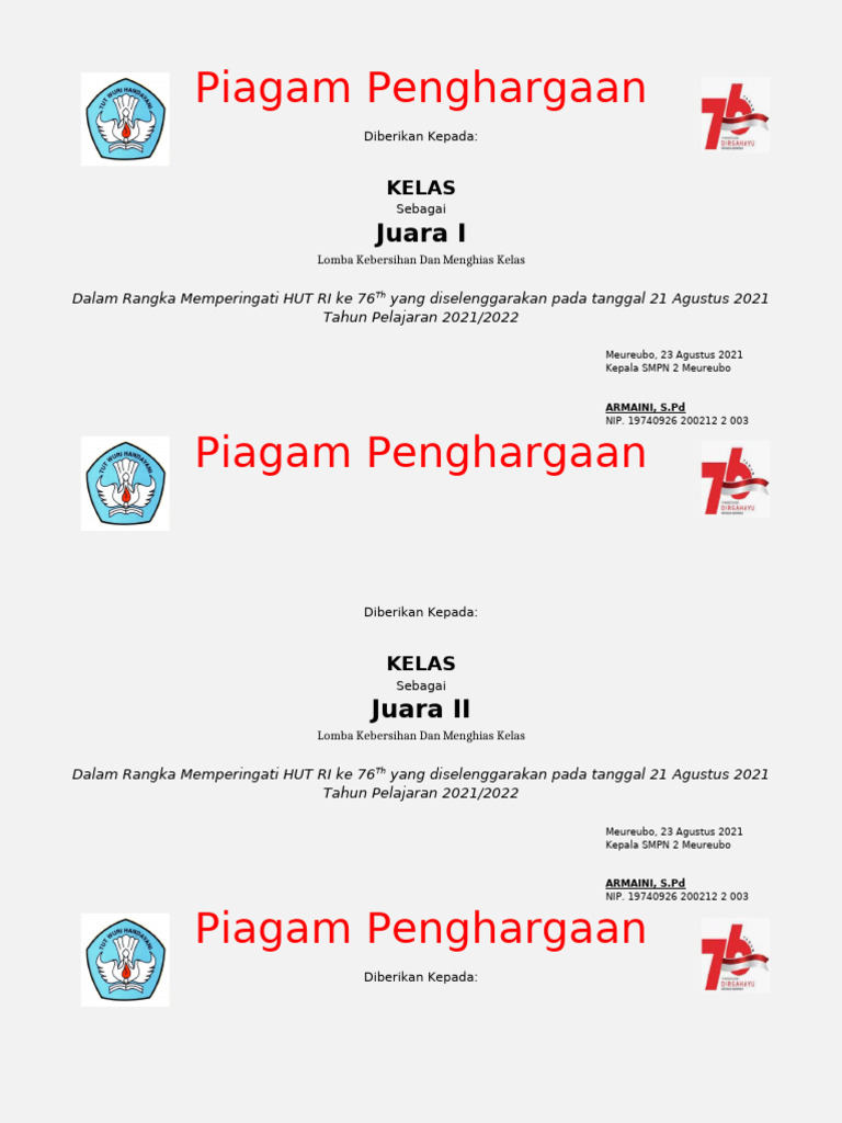 Piagam Penghargaan | PDF