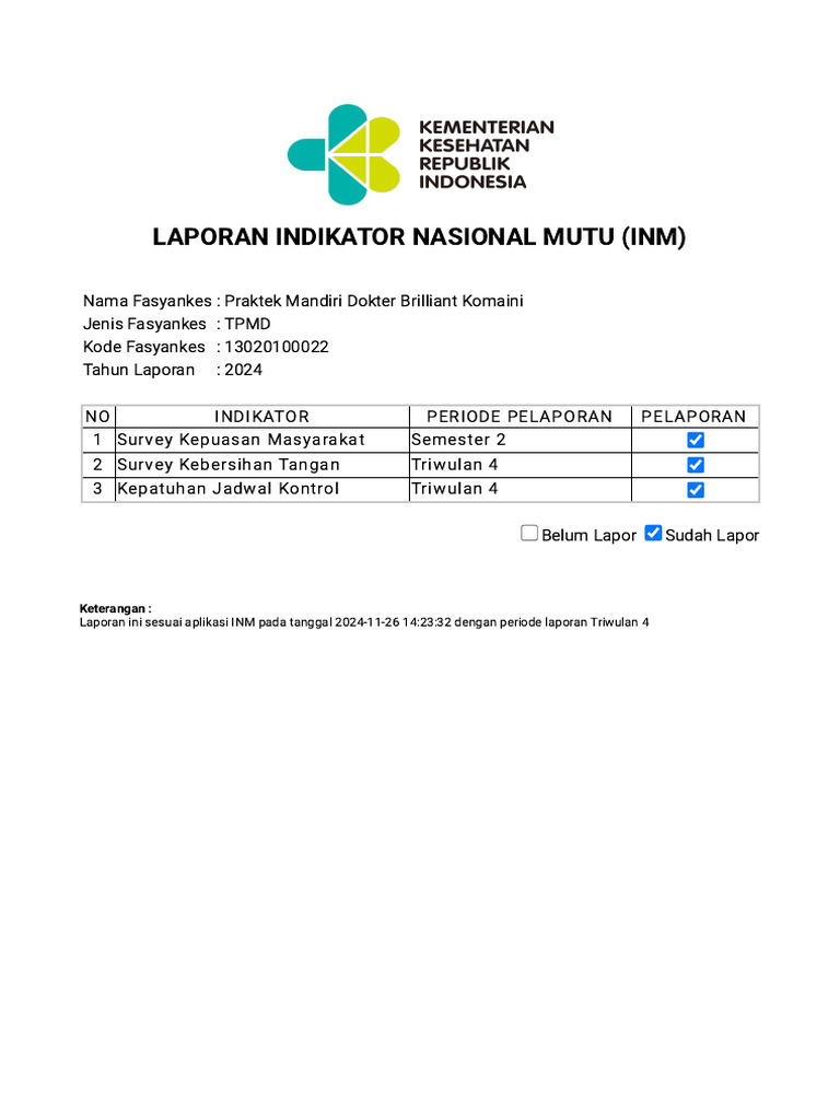 Laporan Indikator Nasional Mutu (Inm) | PDF