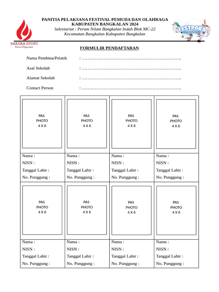 FORMULIR PENDAFTARAN DAN BIODATA DIRI PESERTA FESTPORA | PDF