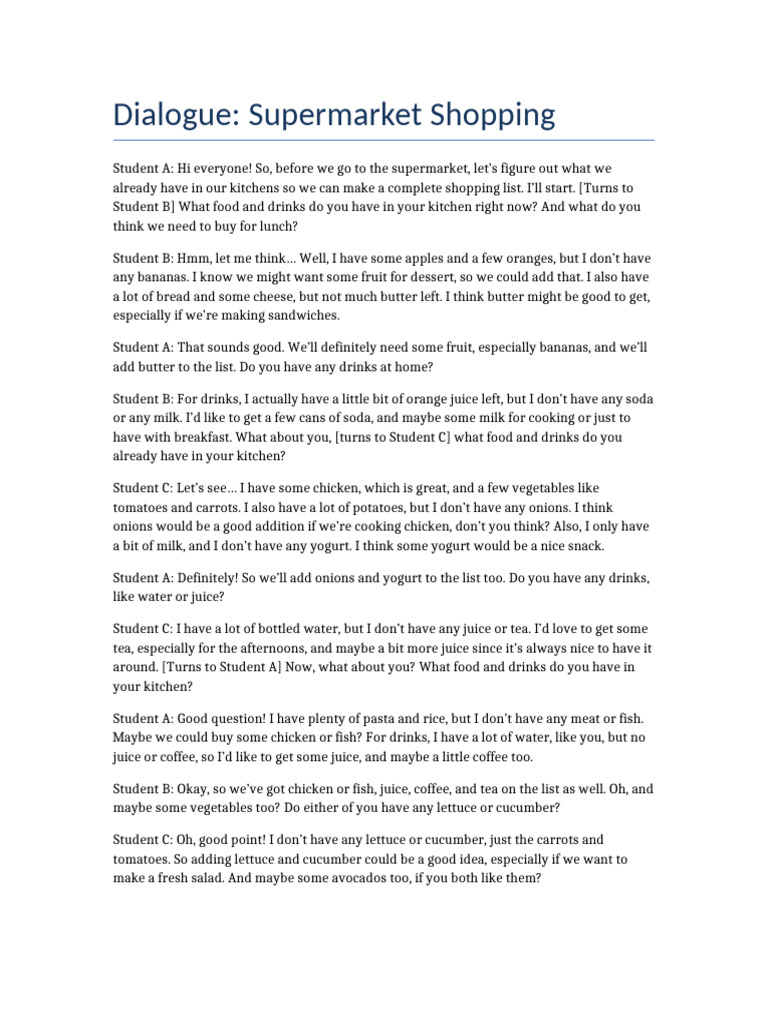 Supermarket Shopping List Dialogue | PDF | Salad | Foods