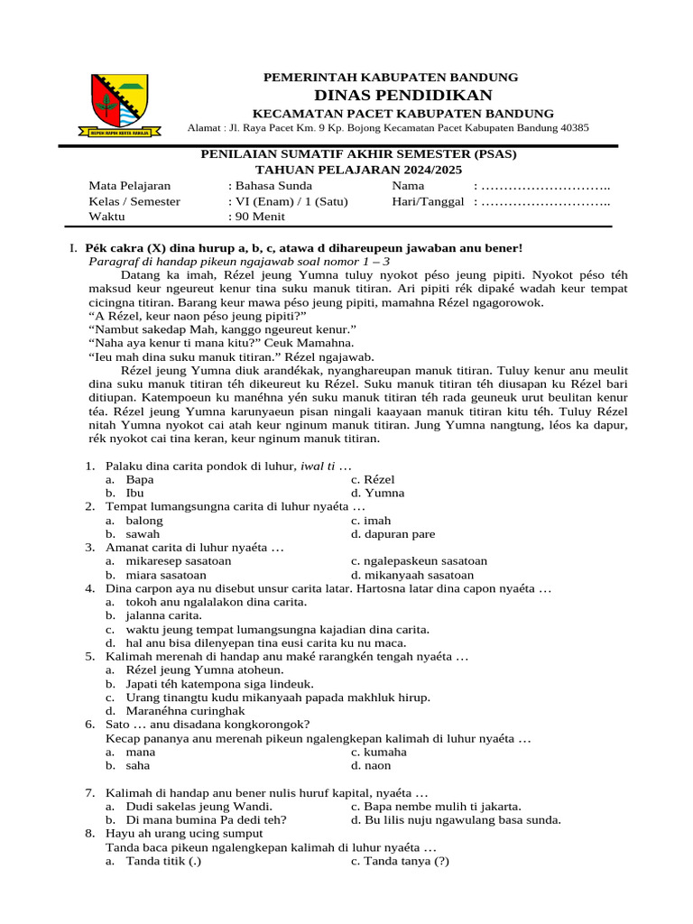 SOAL BAHASA SUNDA KELAS 6 | PDF