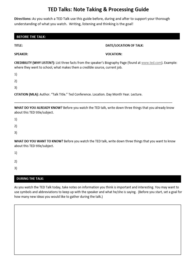 TED Talk Note Taking Guide | PDF