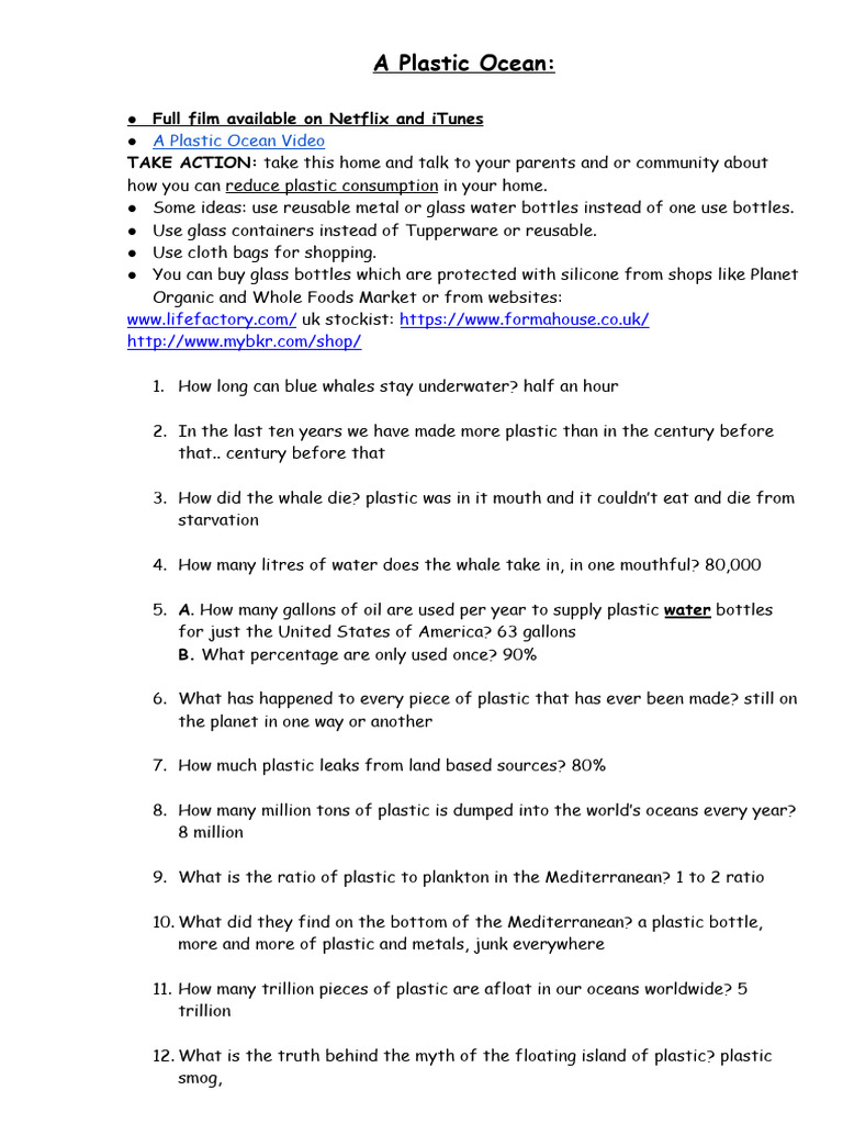 A Plastic Ocean Question Sheet | PDF | Plastic