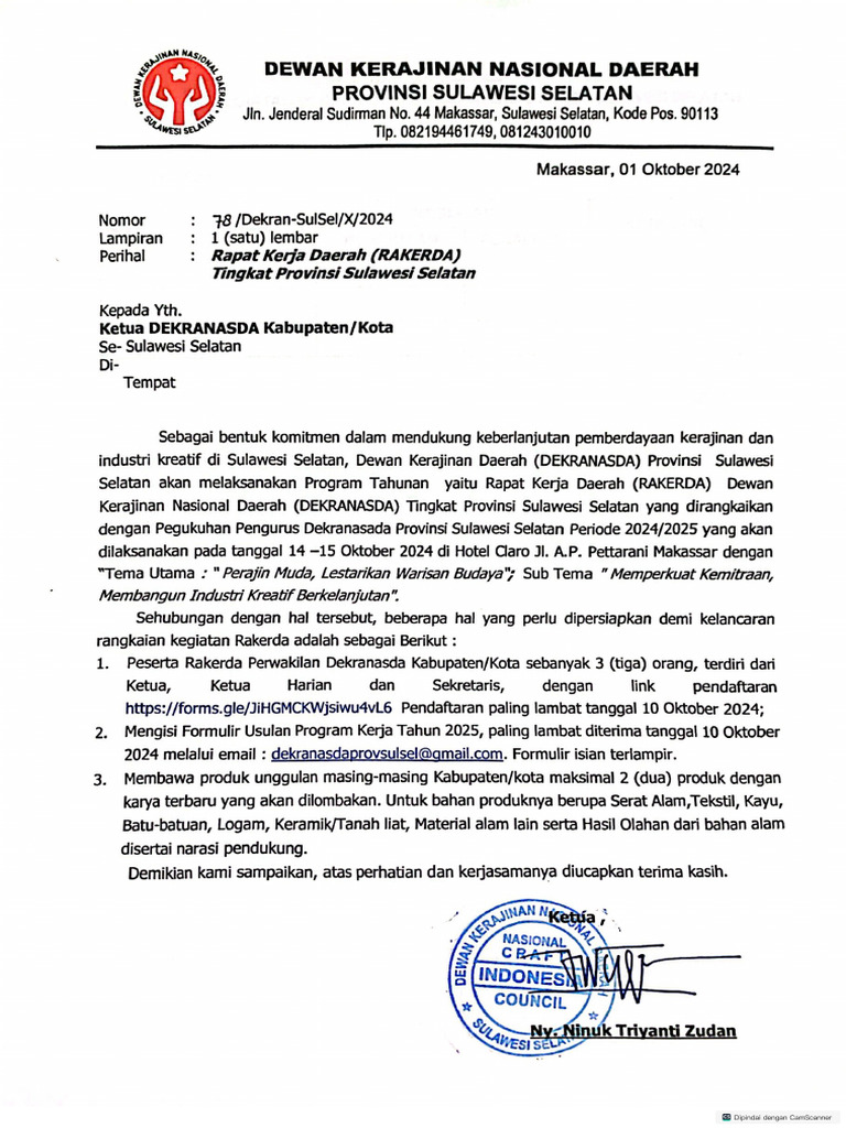 Surat Rapat Kerja Daerah (Rakerda) Tingk | PDF