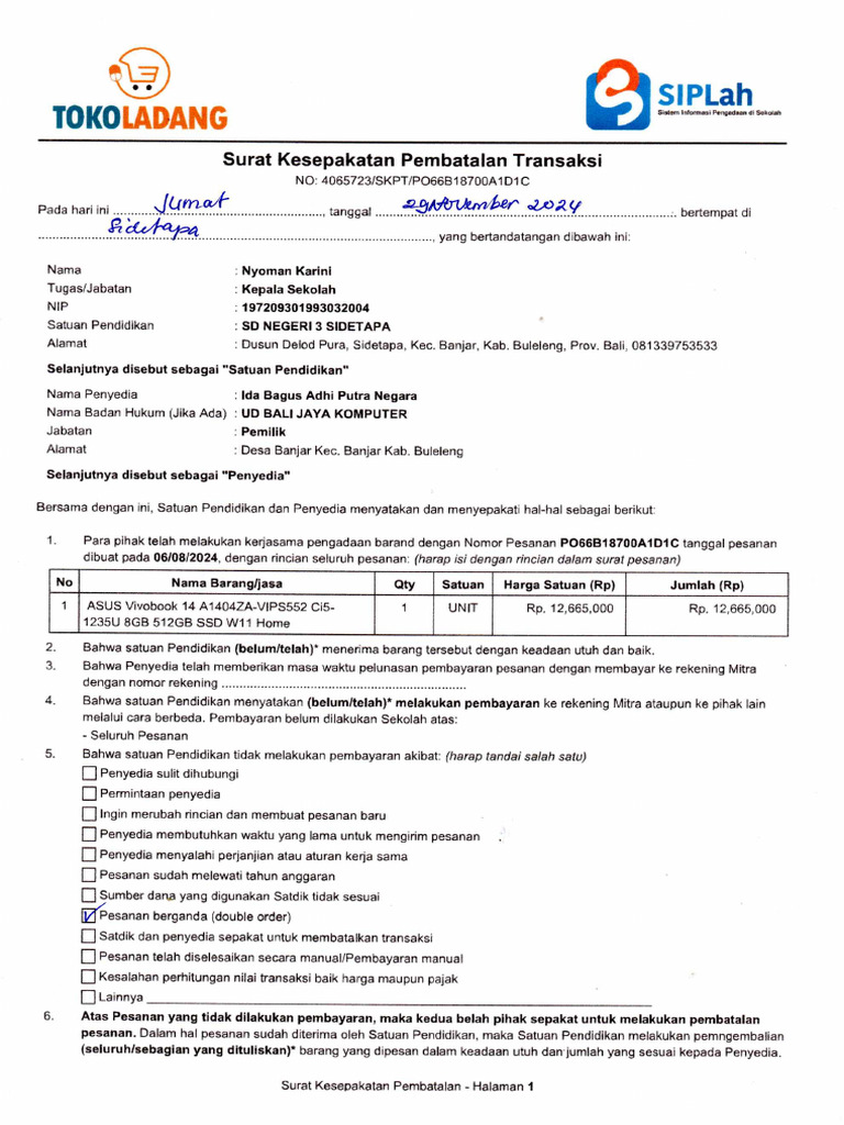 Surat Pembatalan Pesanan | PDF