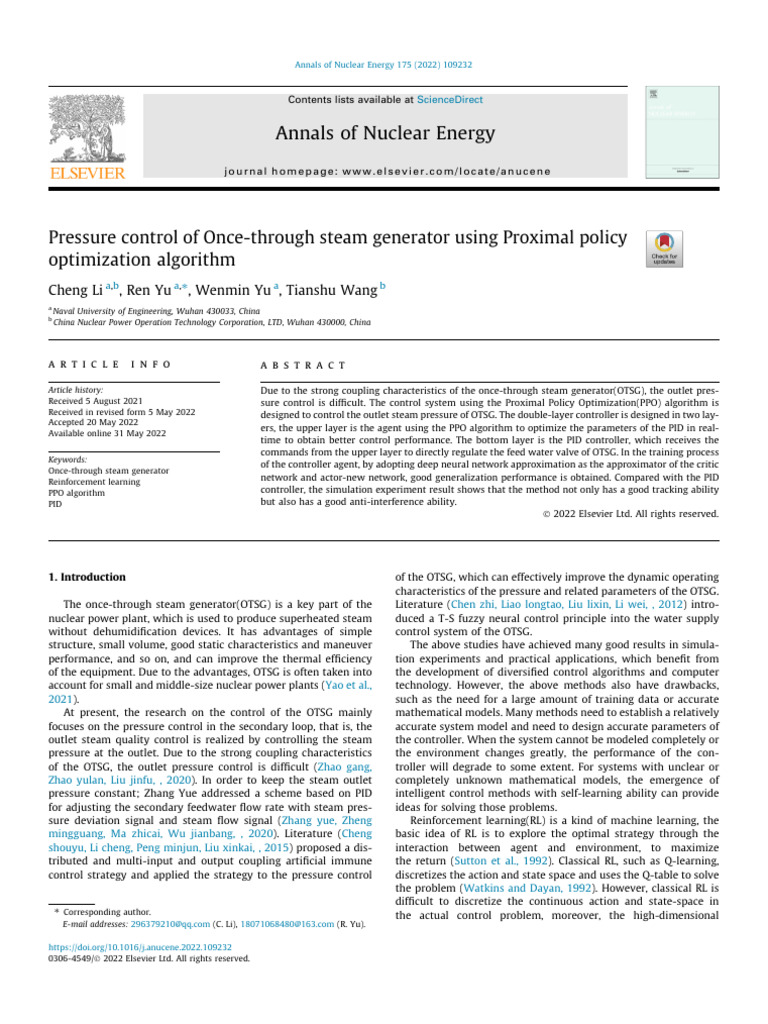7-Pressure control of Once-through steam generator using Proximal policy optimization algorithm ...