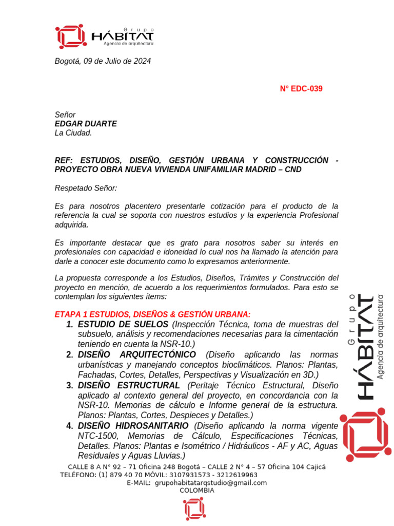 Cotización Edgar Duarte - Vivienda Unifamiliar Madrid - CND #039 | PDF ...