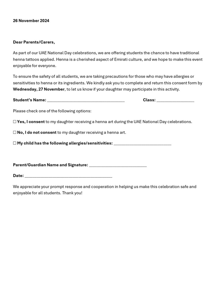 Henna Consent Form for Students | PDF