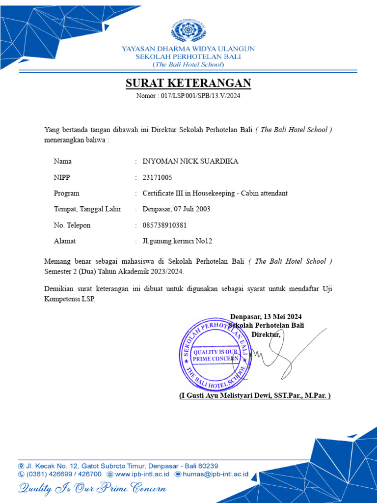 Surat Keterangan Kuliah LSP SPB Inyoman Nick Suardika | PDF