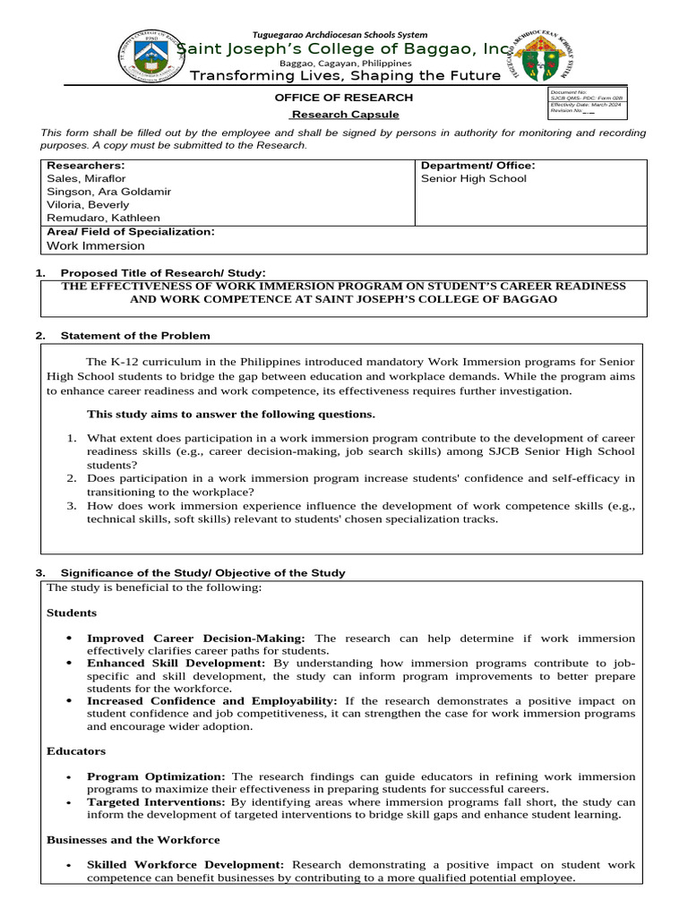 Effectiveness of Work Immersion Program | PDF | Workforce Development ...