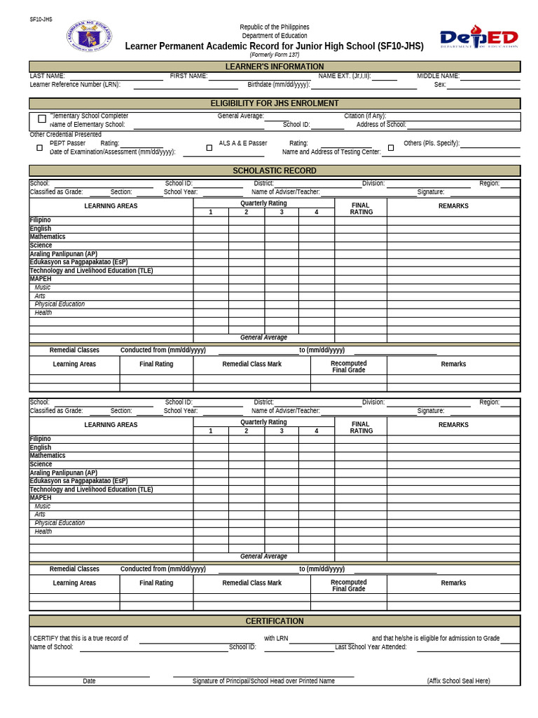 School-Form-10-JHS-Learners-Academic Permanent-Record | PDF | Middle ...