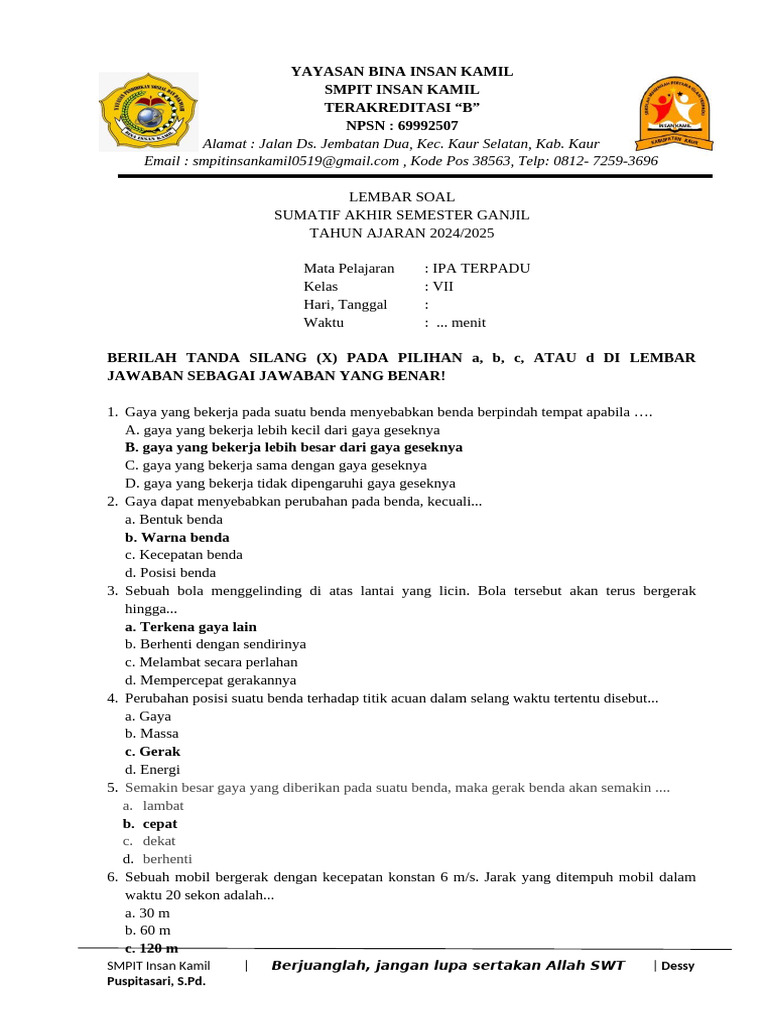 Sas 1 Ipa Kelas 7 Tahun 20242025 | PDF