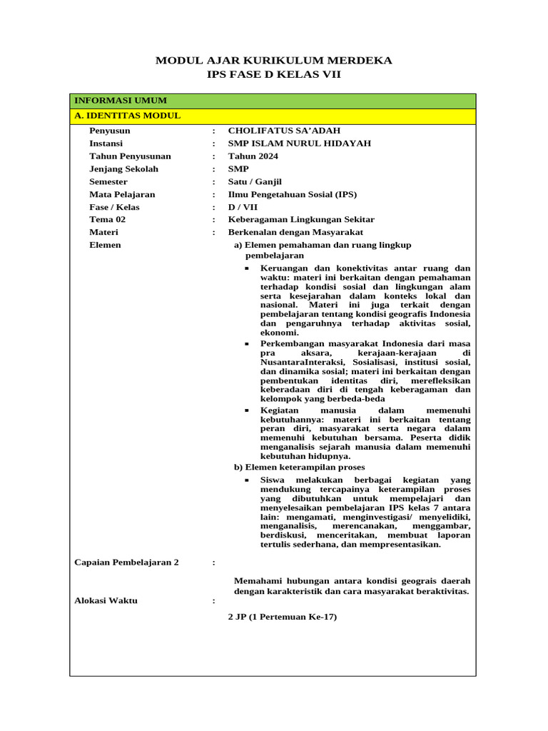 Modul Ajar Kurikulum Merdeka Bab 2 Interaksi Sosial Fix KLS 7 2024 | PDF