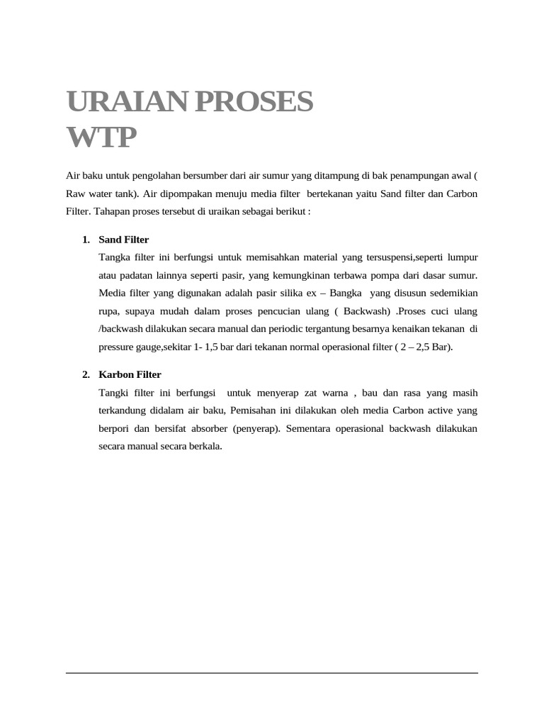 Proses Pengolahan Air WTP: Filter Pasir & Karbon | PDF