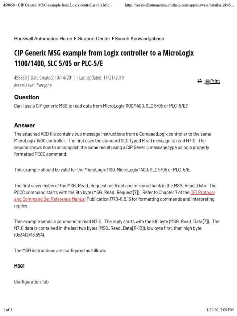 CIP Generic MSG Example From Logix Controller To A MicroLogix 1100 1400 ...