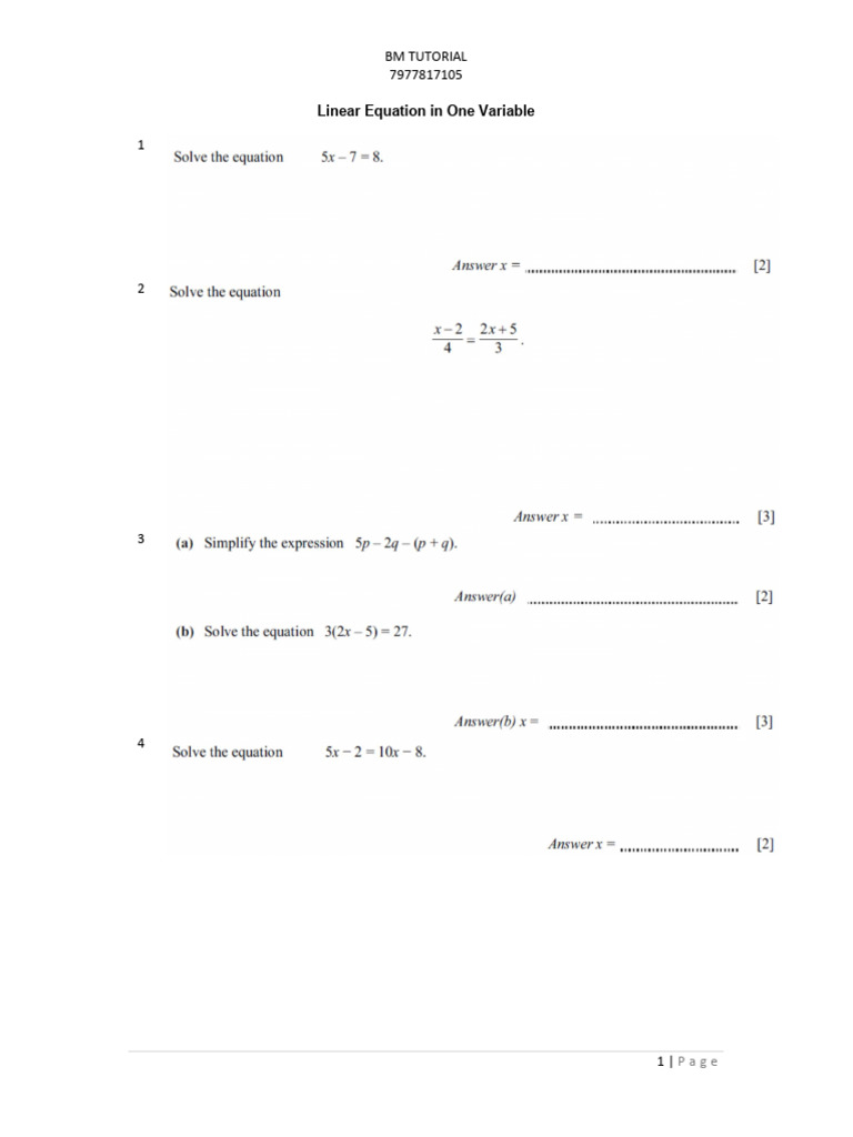 Linear Equation in One Variable | PDF