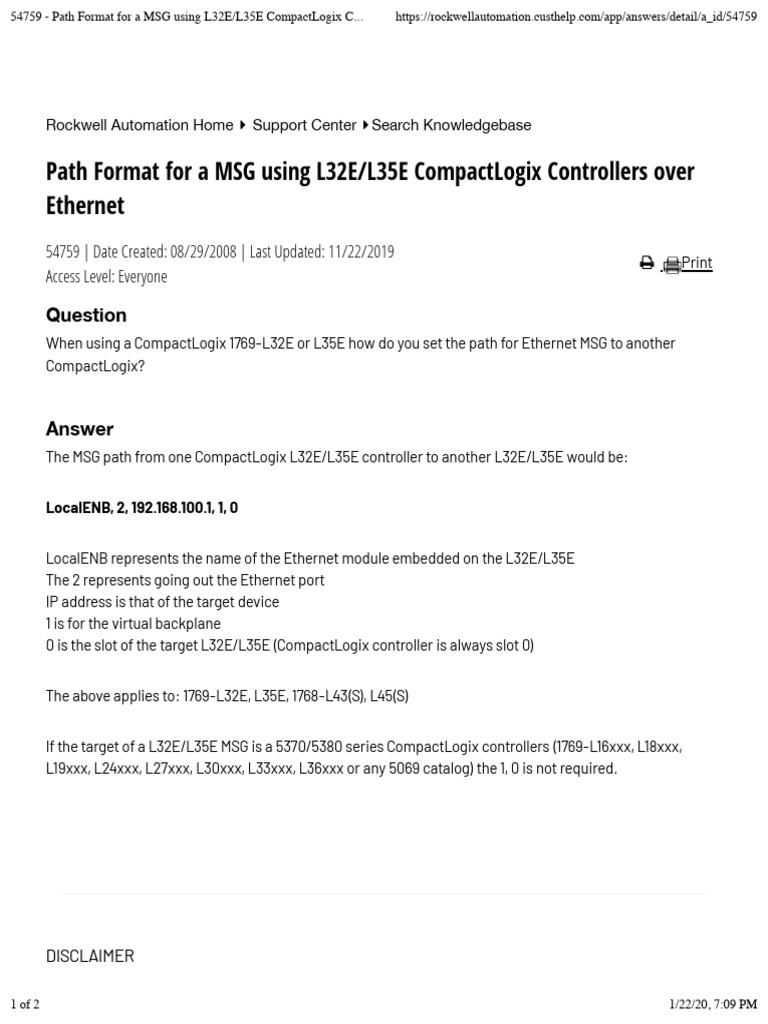 54759 - Path Format for a MSG using L32E L35E CompactLogix Controllers over Ethernet | PDF ...