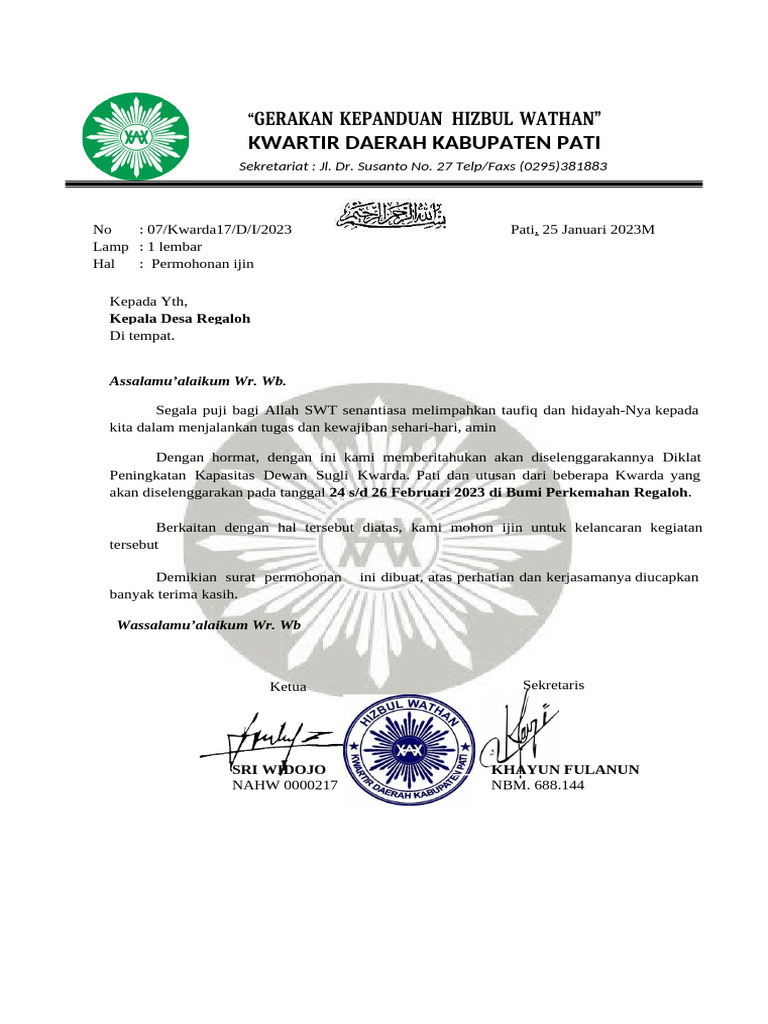 Surat Ijin Kepala Desa Regaloh | PDF