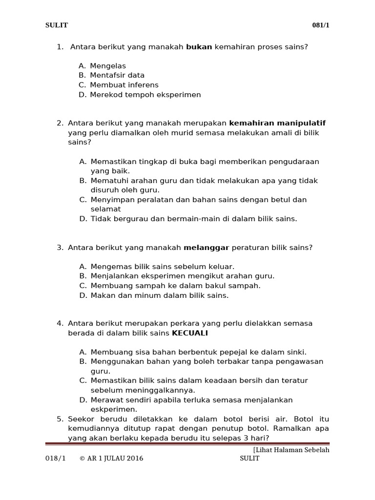 SAINS KERTAS 1 AR 1 JULAU 2016 | PDF
