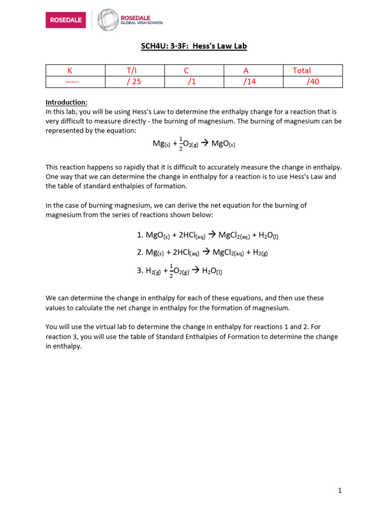 Chemistry Lab: Hess's Law Experiment | PDF | Magnesium | Hydrochloric Acid