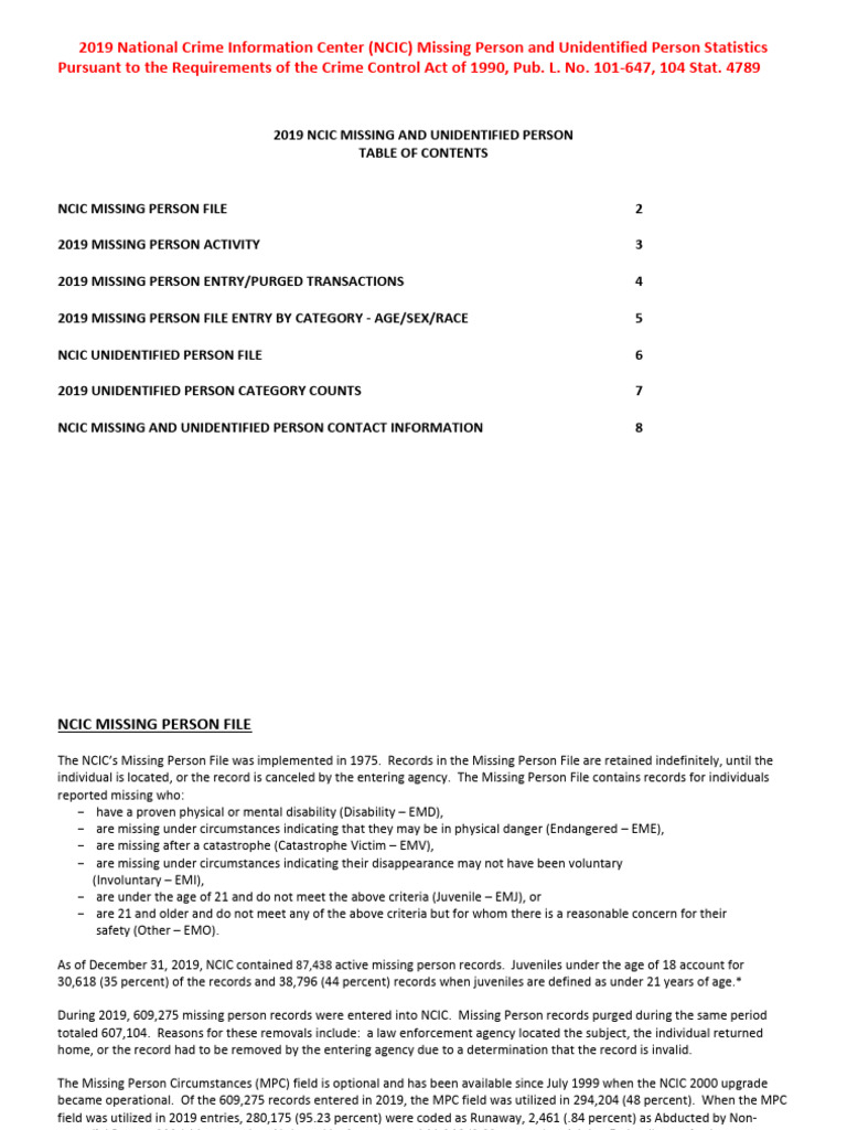 2019 Ncic Missing Person and Unidentified Person Statistics | PDF ...