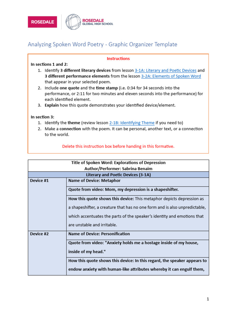 ENG3U 3-2B Poem Analysis Graphic Organizer Template | PDF