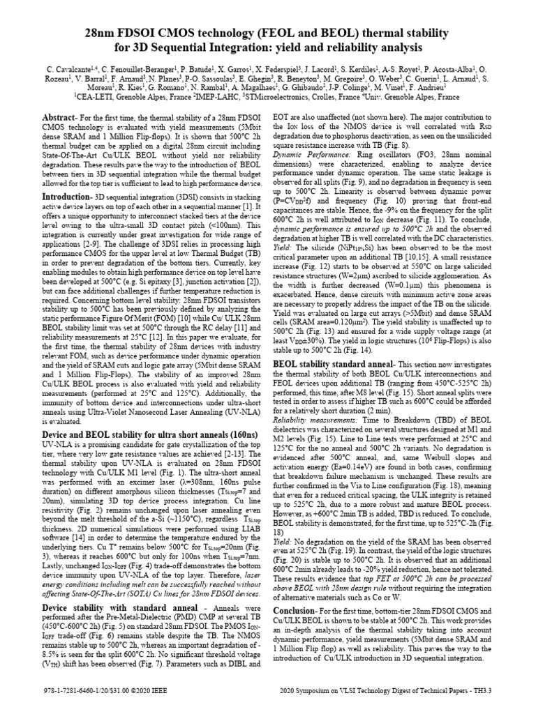 28nm FDSOI CMOS technology FEOL and BEOL thermal stability for 3D Sequential Integration yield ...