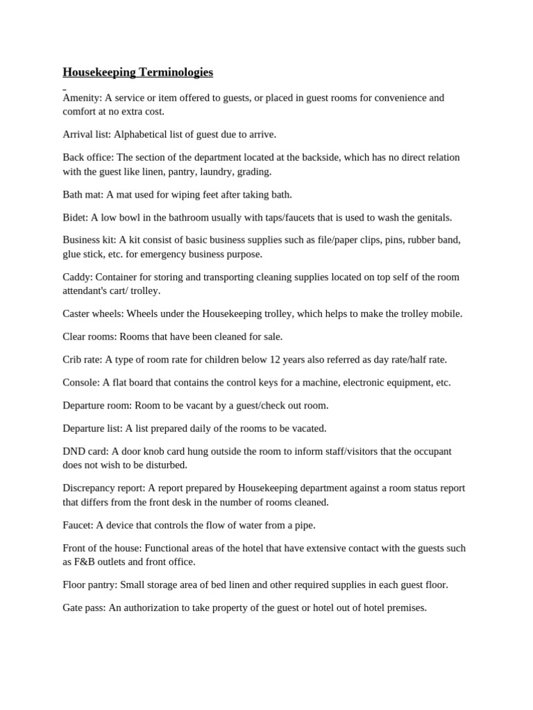 1st Sem Housekeeping Terminologies | PDF | Housekeeping | Bed