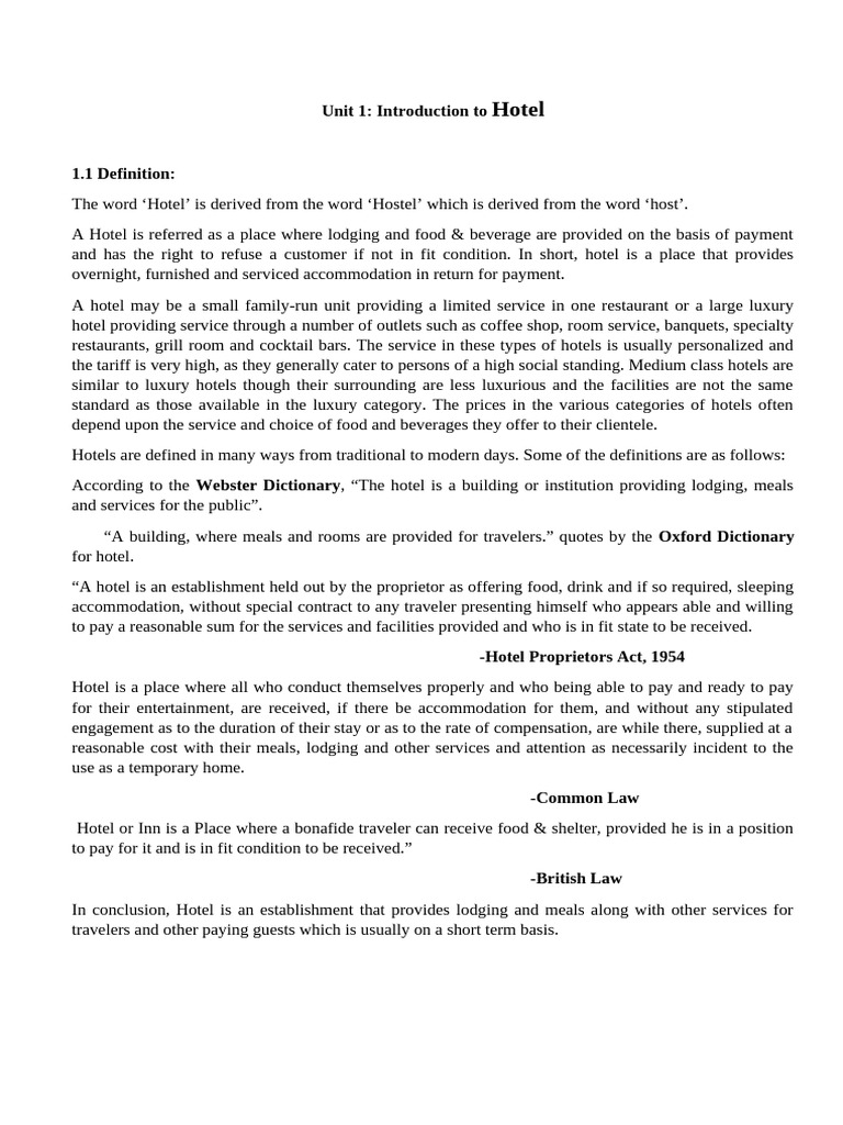 Unit 1-Introduction to Hotel | PDF | Hotel | Tourism